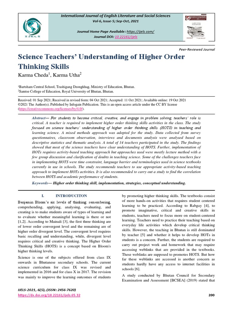 Science Teachers' Understanding of Higher Order Thinking Skills | PDF ...