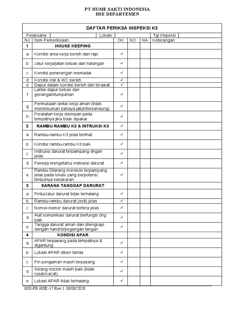 Daftar Periksa K3 Pt Hume Sakti Pdf