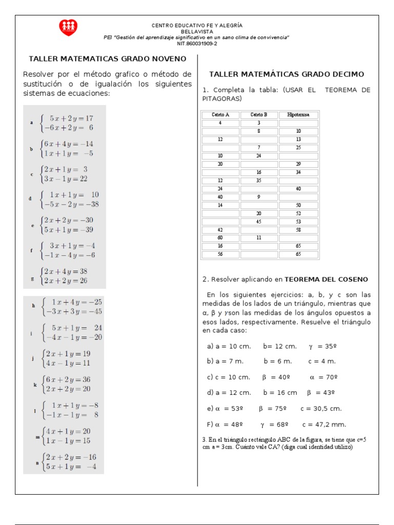 Hojas De Trabajo De Matemáticas De Noveno Grado
