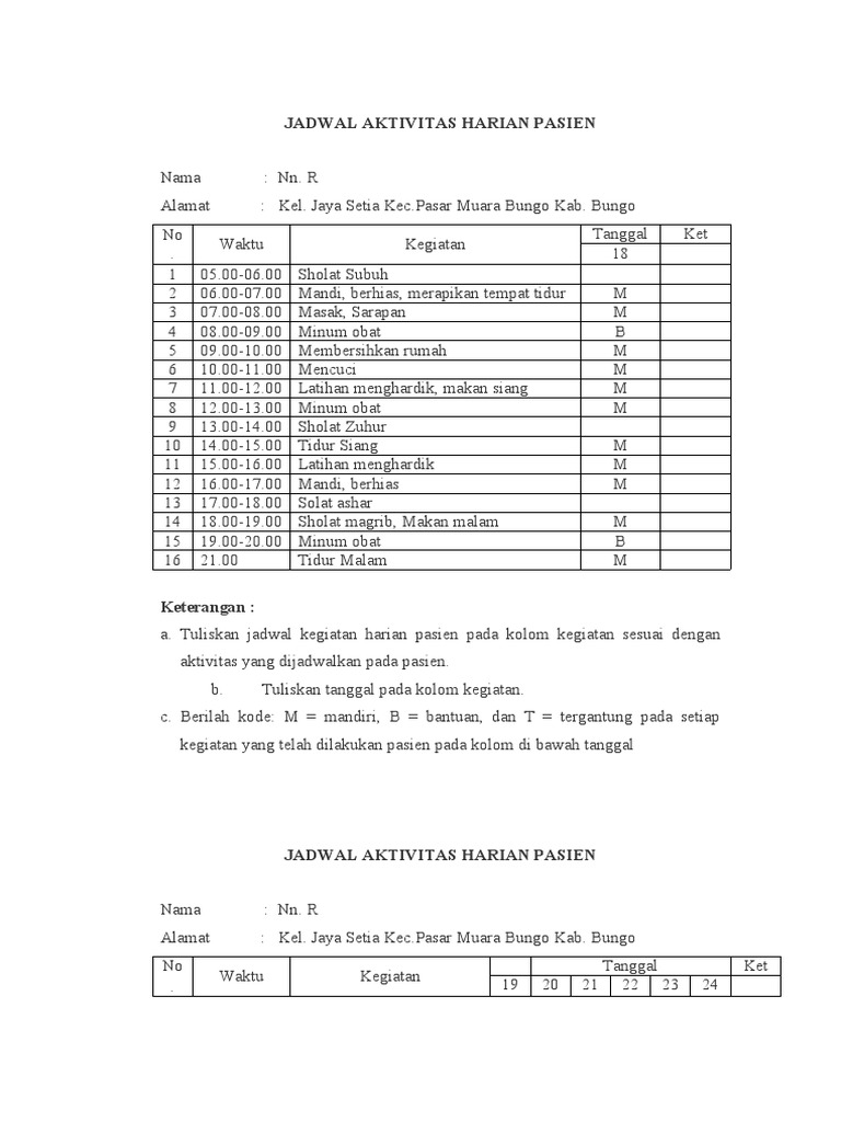Jadwal Aktivitas Harian Pasien | PDF