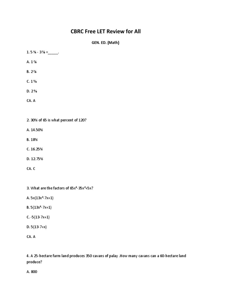 CBRC Free LET Review For All GEN. ED. Math | PDF | Area