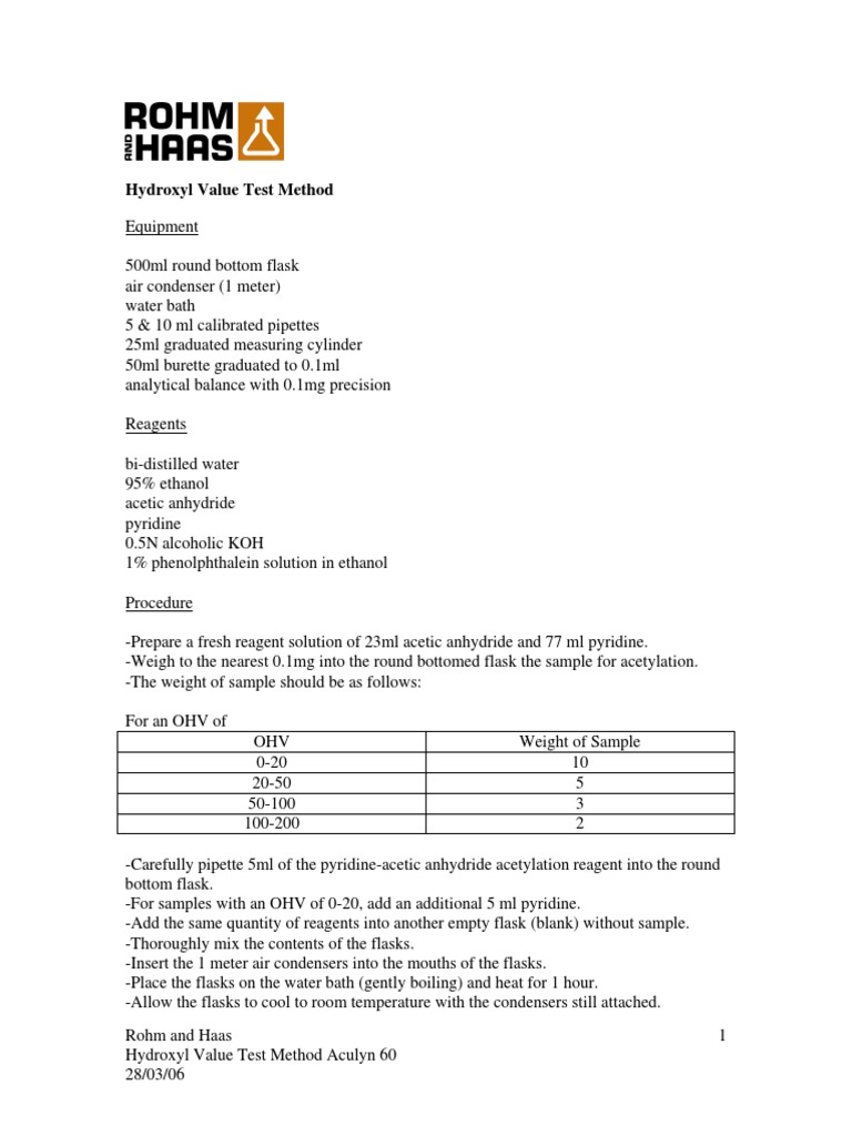 Hydroxyl Value Test Method | PDF