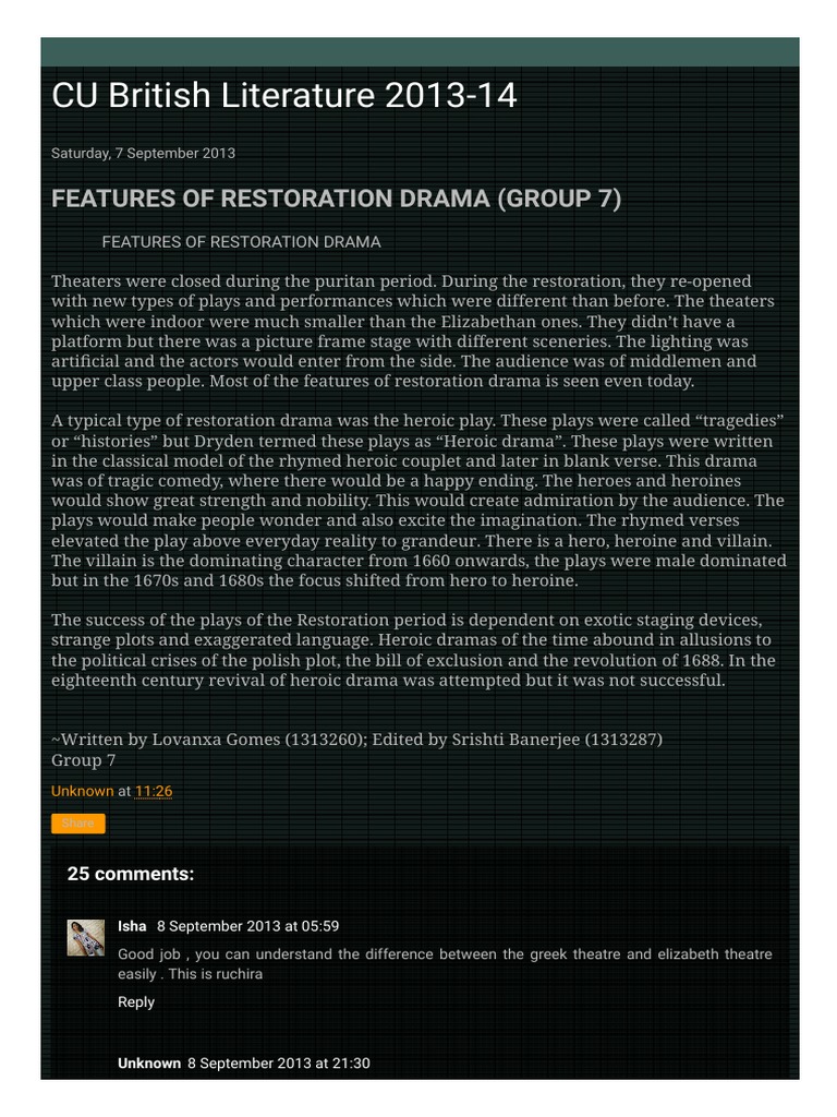 CU British Literature 2013-14: Features of Restoration Drama (Group 7 ...