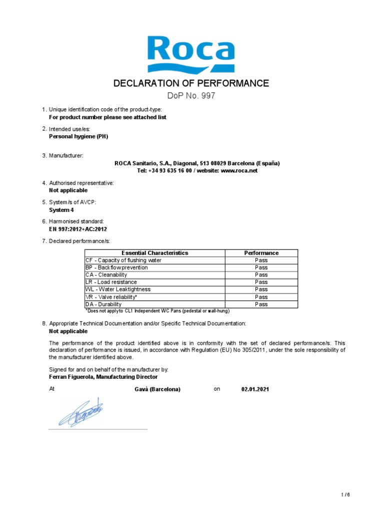 Declaration of Performance: Dop No. 997 | PDF | Water | Environmental ...