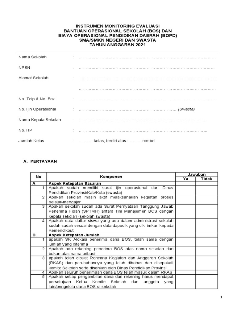 Instrumen Monev Bos Sma SMK Tahun 2021 | PDF