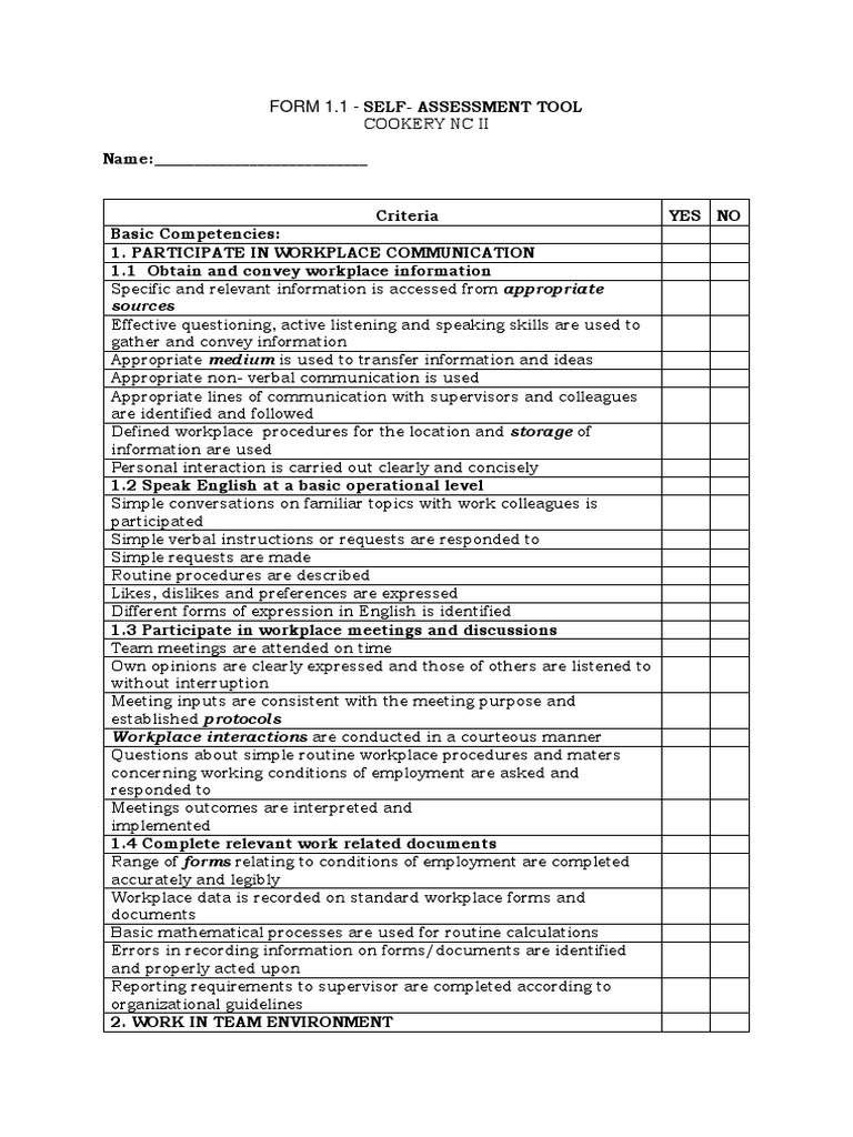 Form 1.1 Self - Assessment Tool | Download Free PDF | Occupational ...