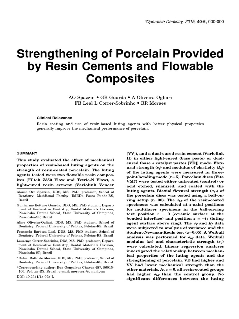 Strengthening Porcelain with Resin Cements | PDF | Strength Of ...