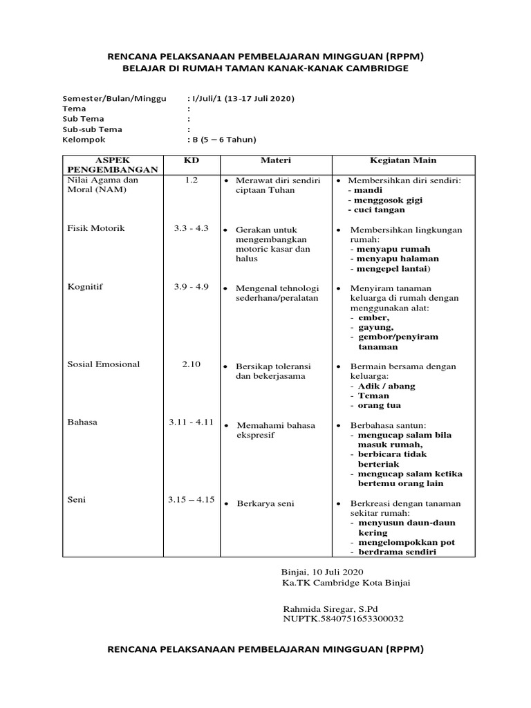 RPPM TK Cambridge: Pembelajaran Diri Sendiri | PDF