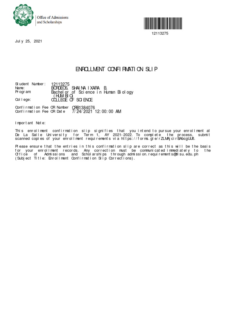 Enrollment Confirmation Slip | PDF