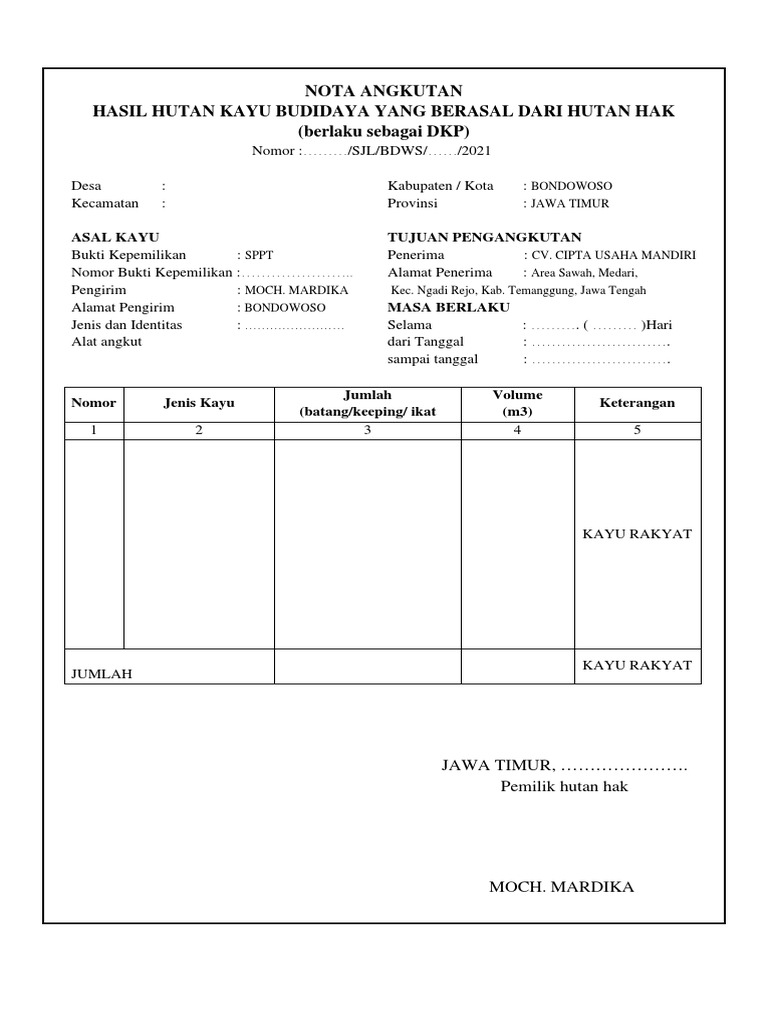 Format Nota Angkutan DKP MARDIKA BONDOWOSO | PDF
