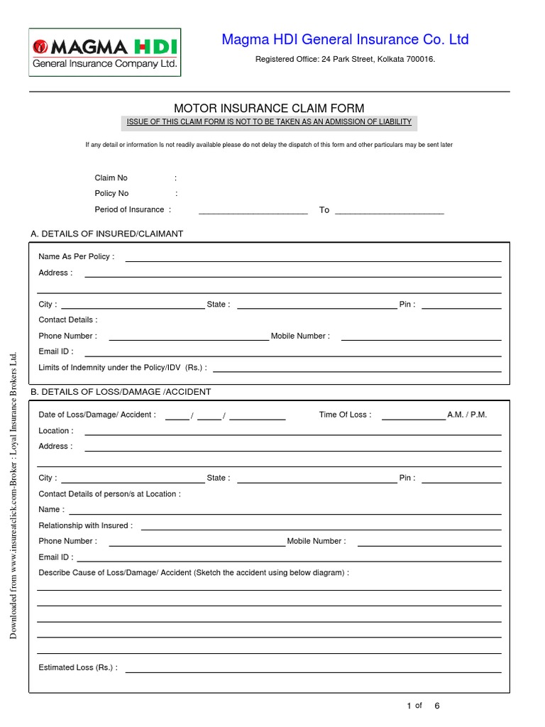 Magma HDI General Insurance Co. LTD: Motor Insurance Claim Form | PDF ...