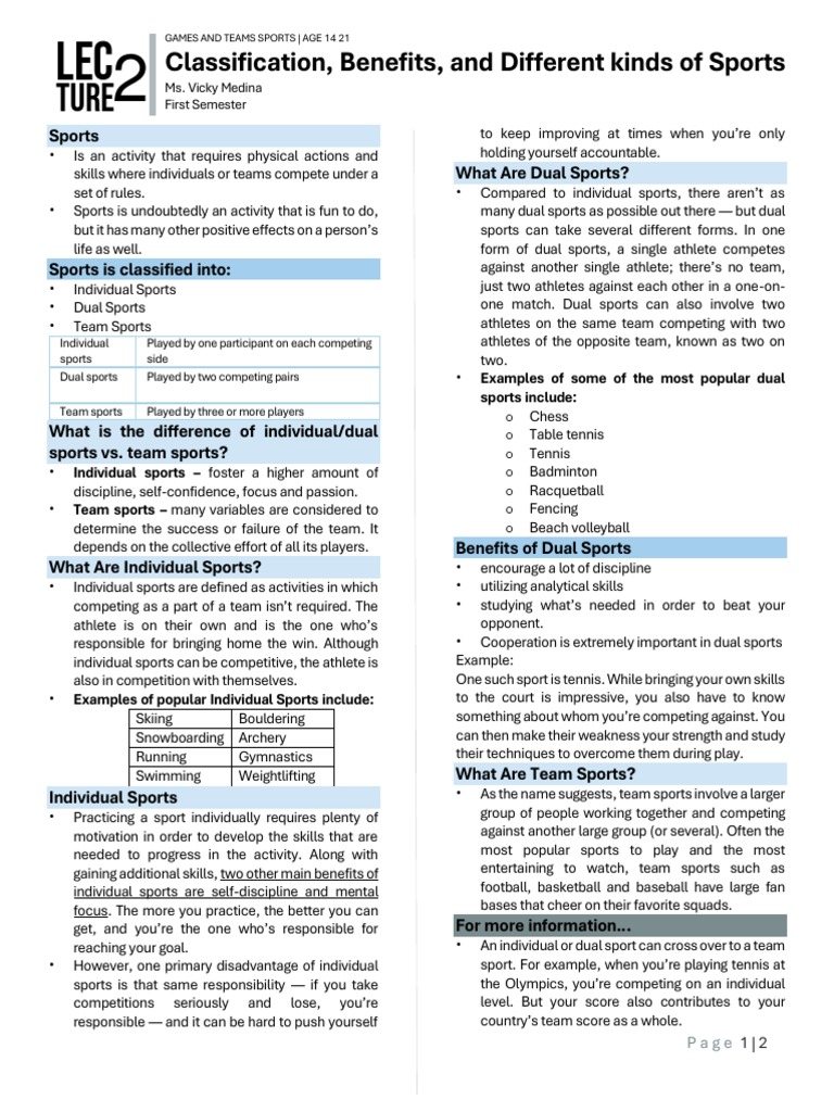 Lesson 2 Different Types of Sports | PDF | Sports | Physical Fitness