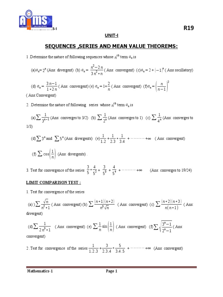 Unit-I Sequences, Series and Mean Value Theorems:: N A A A N N A N N 1 | PDF | Theorem ...