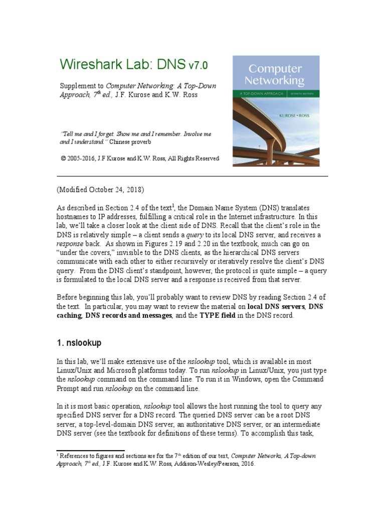 Wireshark Lab: DNS: Approach, 7 Ed., J.F. Kurose and K.W. Ross | PDF | Domain Name System | Port ...
