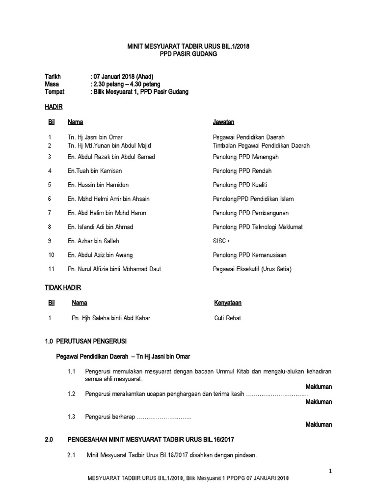 Contoh Minit Mesyuarat | PDF
