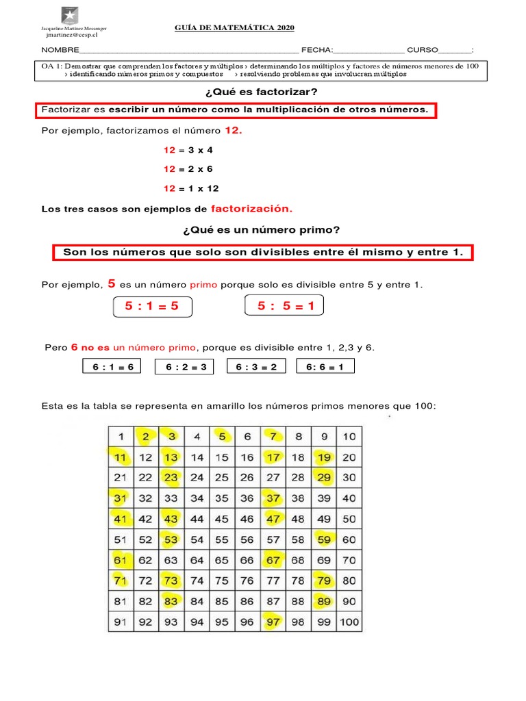 Hoja De Factores Primos Con Números