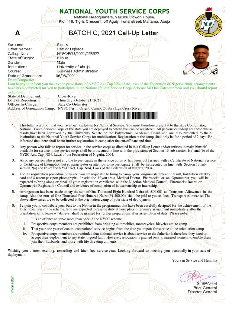 Nysc Call Up Letter | PDF | Justice | Crime & Violence