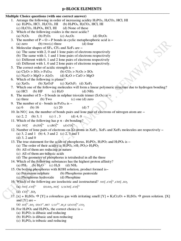 WORKSHEET-III MCQ P Block Elements Mcqs | PDF | Chlorine | Acid