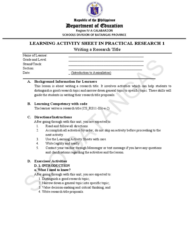Practical Research 1 - Writing A Research Title (MELC9) - LAS | PDF ...