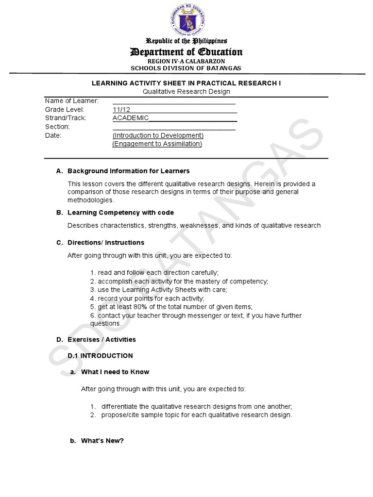 Practical Research I The Qualitative Research Designs | PDF ...