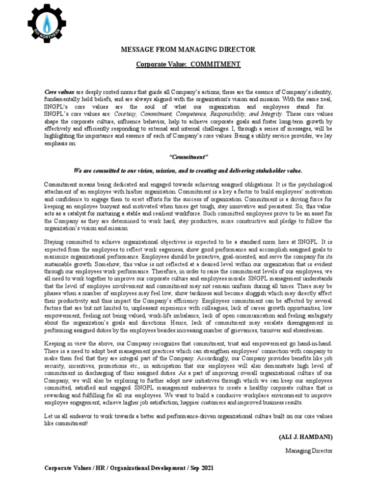 Message From Managing Director Corporate Value: COMMITMENT | PDF ...