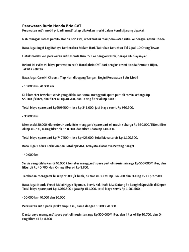 Honda Brio CVT Perawatan | PDF