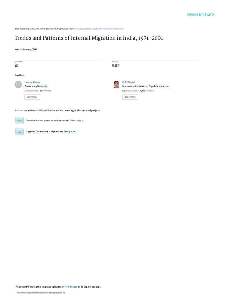 Trends and Patterns of Internal Migration in India, 1971-2001 | PDF ...