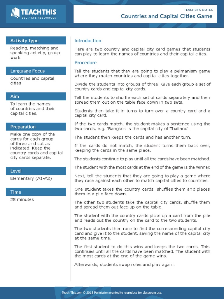 Countries and Capital Cities Game: Activity Type | PDF | English As A ...