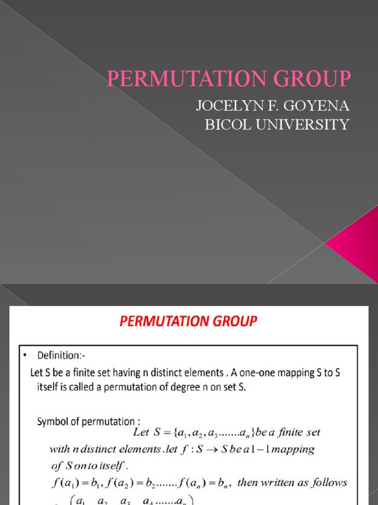 Permutation Group: Jocelyn F. Goyena Bicol University | PDF | Permutation | Group (Mathematics)