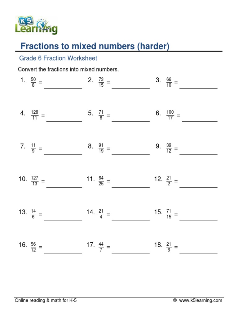 Fractions To Mixed Numbers (Harder) : Grade 6 Fraction Worksheet | PDF ...