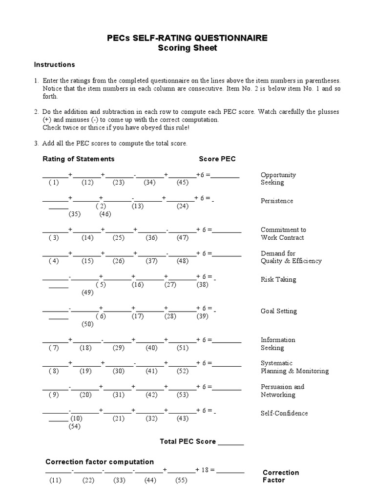 Pecs Self-Rating Questionnaire Scoring Sheet: Instructions | PDF