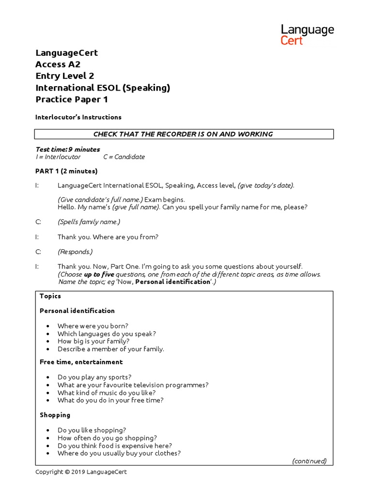 Languagecert Access A2 Entry Level 2 International Esol (Speaking ...