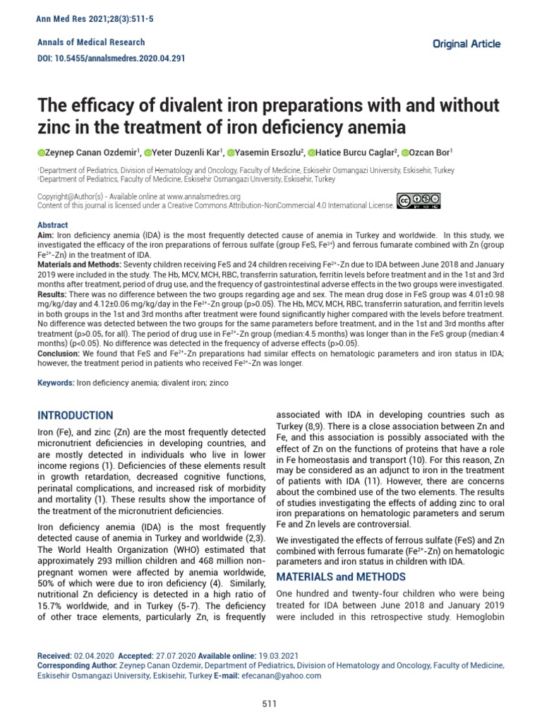 The Efficacy of Divalent Iron Preparations With and Without Zinc in The ...