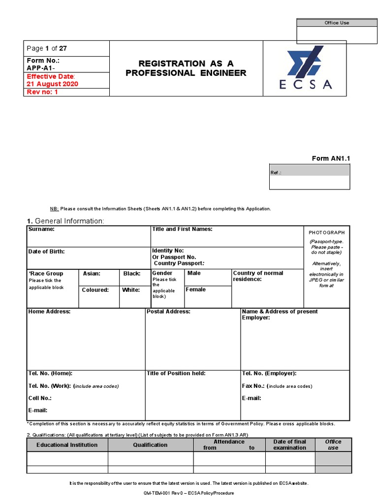 APP - A1 Application Form For Registration As A Professional Engineer ...