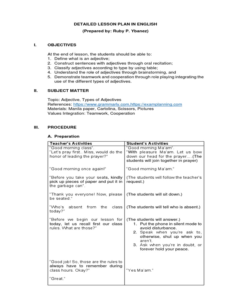 Detailed Lesson Plan in English (Prepared By: Ruby P. Ybanez) | PDF ...