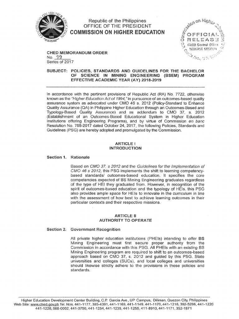 CMO 99 S. 2017 BS Mining Engineering | PDF