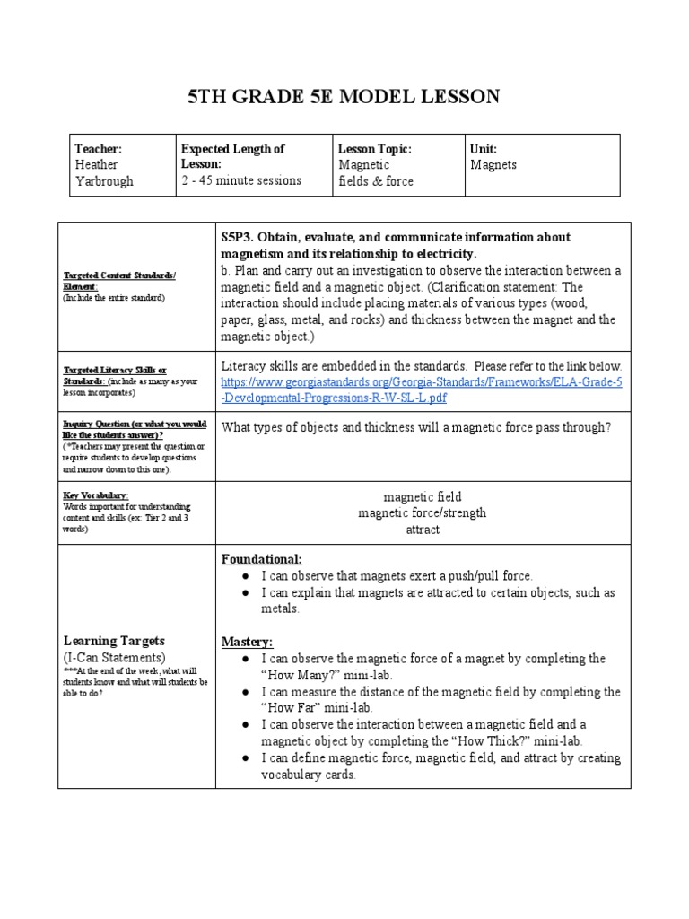 5th Grade Lesson on Magnetic Fields | PDF | Electromagnetism | Cognition