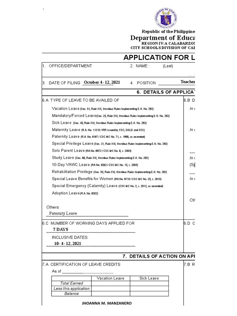 CSC Form 6 Application For Leave | PDF | Government