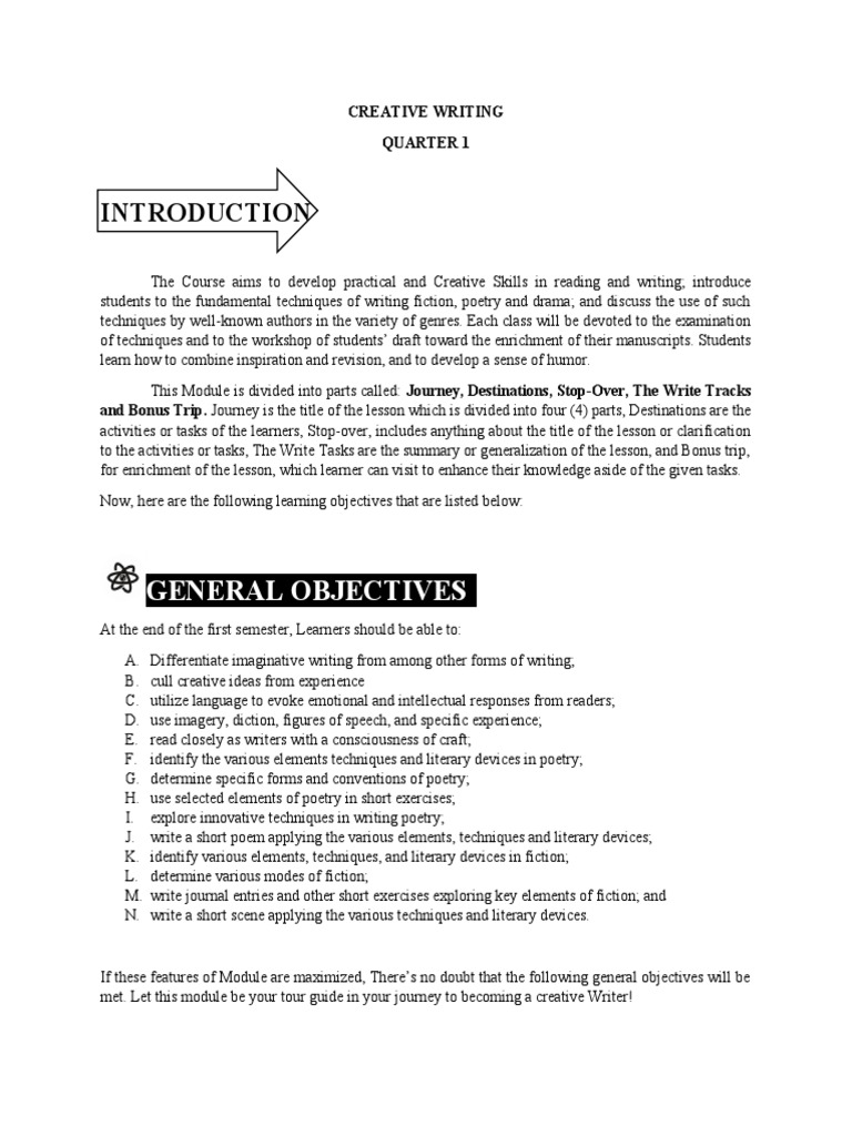 General Objectives: Creative Writing Quarter 1 | PDF | Writers | Narrative