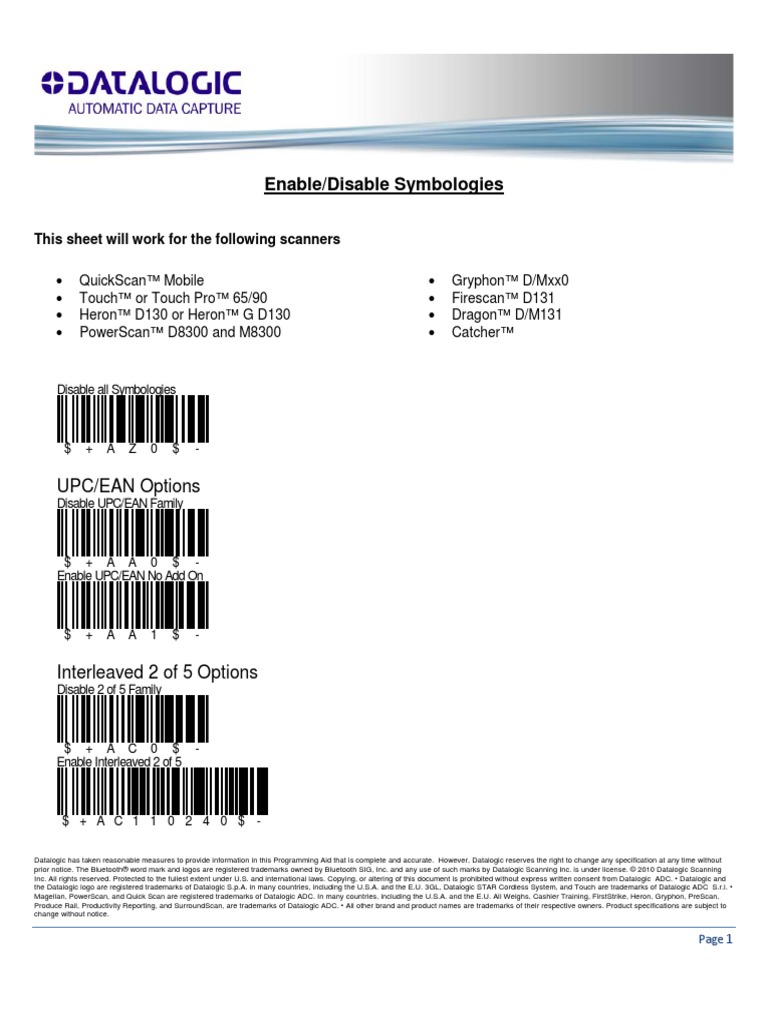 Enable/Disable Symbologies: UPC/EAN Options | PDF | Trademark | Bluetooth