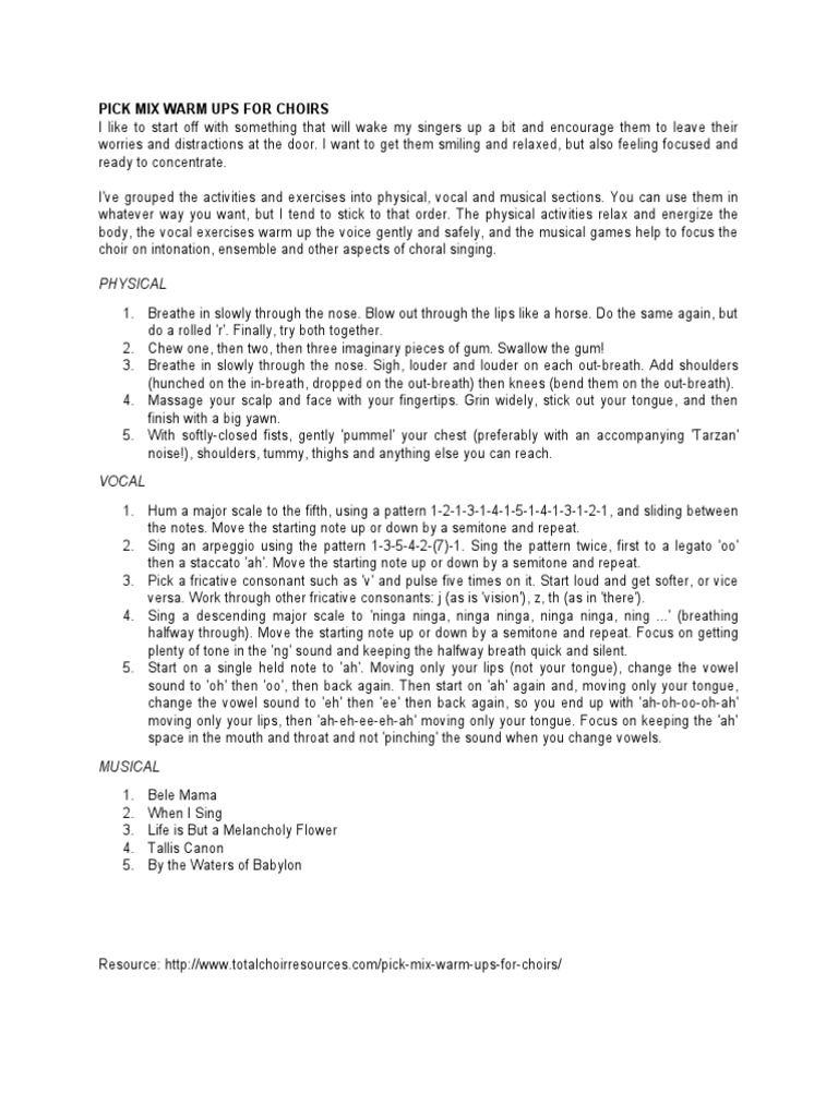 Pick Mix Warm Ups For Choirs: Physical | PDF | Singing | Vocal Pedagogy