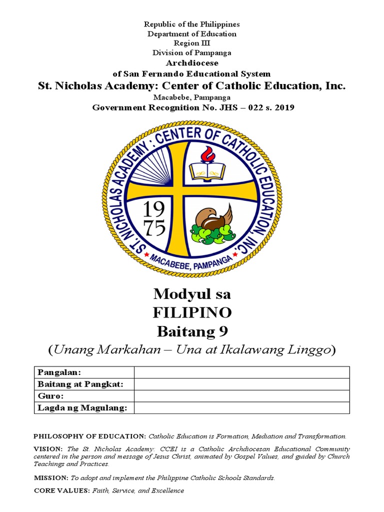 Modyul Sa Filipino 9 UNANG LINGGO REVISED | PDF