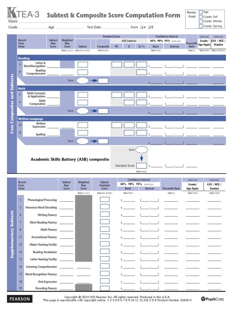 Subtest & Composite Score Computation Form: Reading | PDF | Cognitive ...