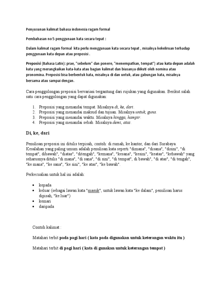 Penyusunan Kalimat Bahasa Indonesia Ragam Formal PDF Free | PDF