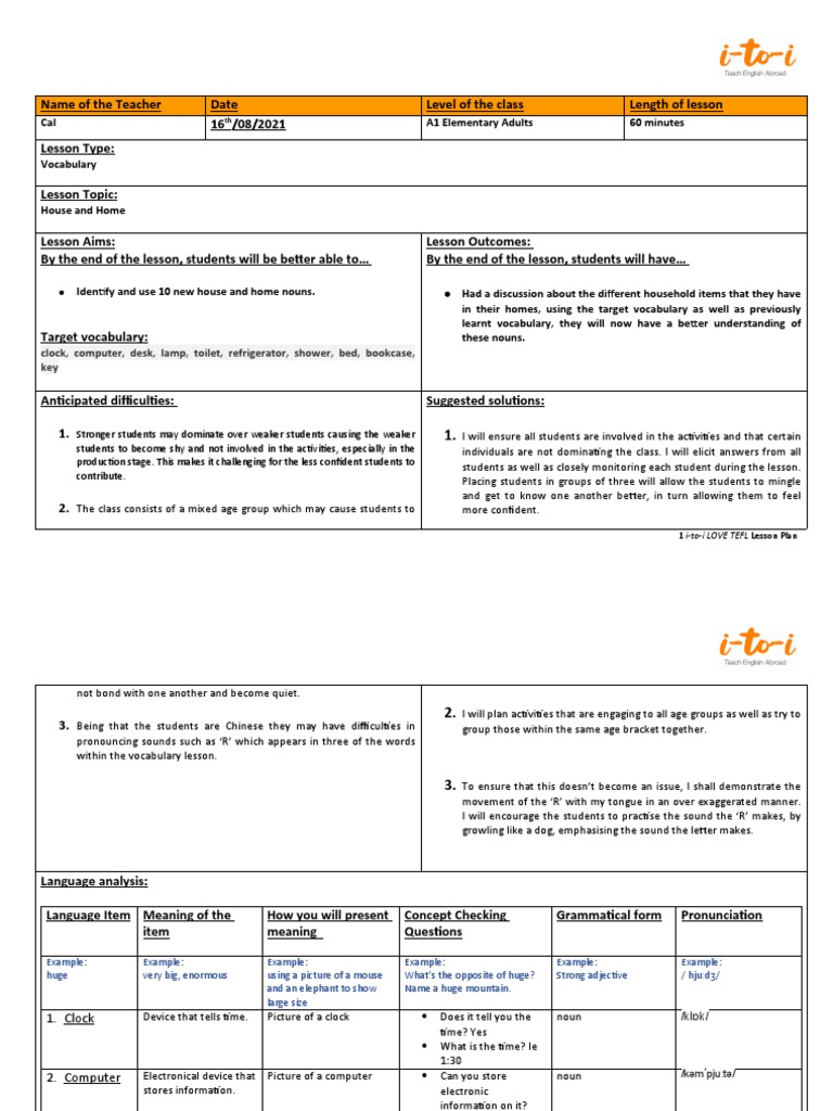 Lesson Plan - Assignment 1 | PDF | Vocabulary | Lesson Plan