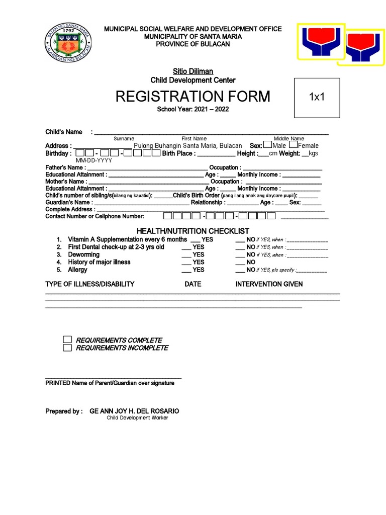 Registration Form: Sitio Diliman Child Development Center | PDF ...