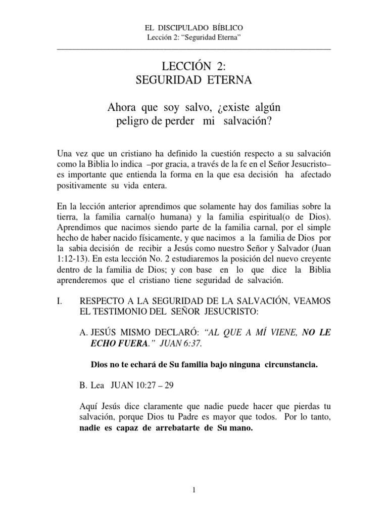 16 Lecciones El Discipulado Biblico Leccion02 Seguridad Eterna | PDF