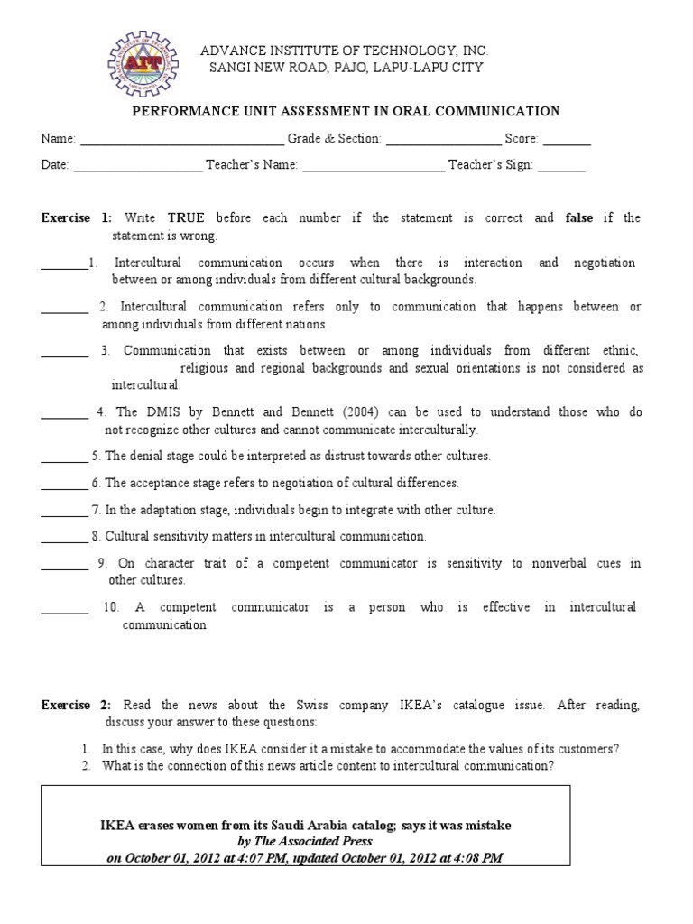 Assessment in Oral Com Week 2 | PDF | Communication | Cross Cultural ...
