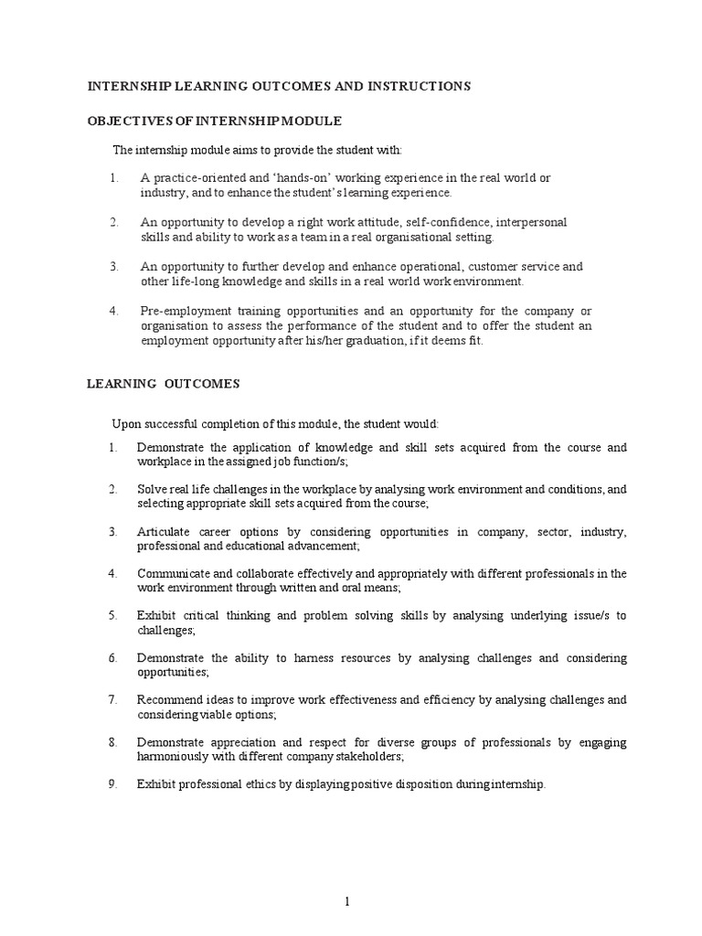 Internship Learning Outcomes and Instructions Objectives of Internship ...