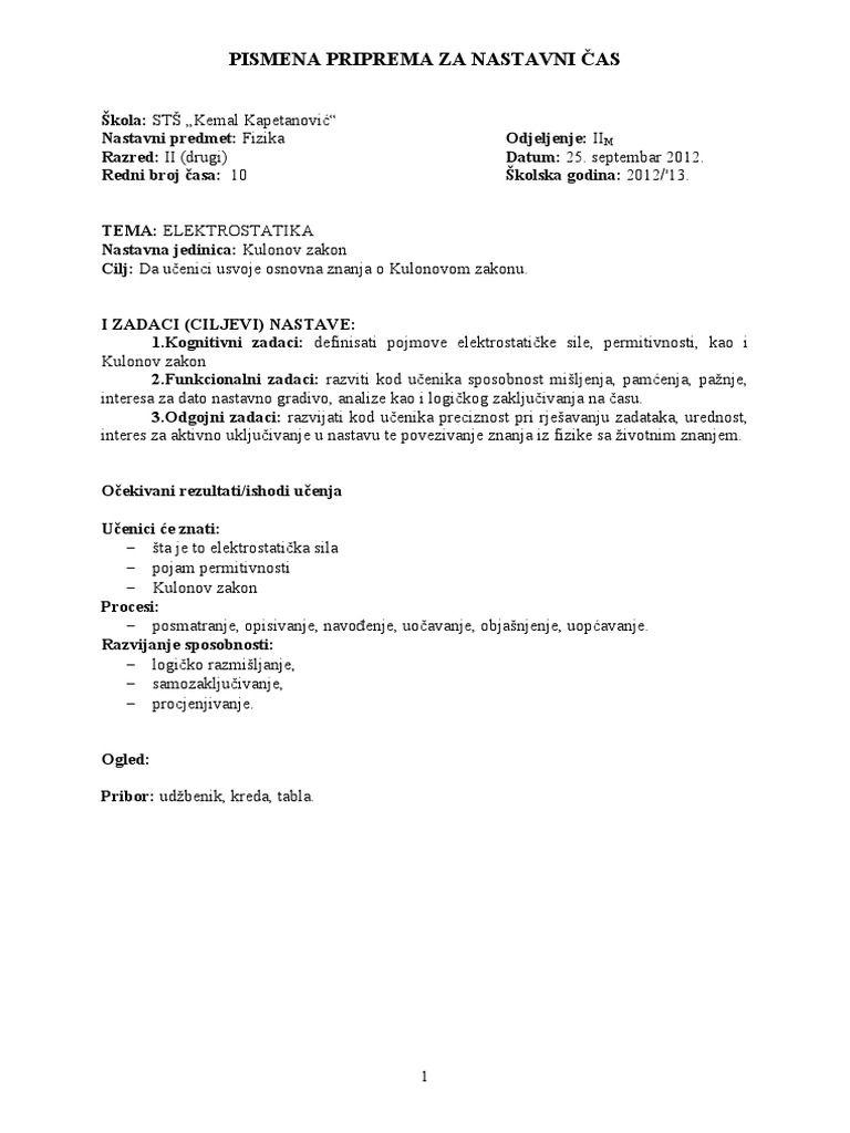 PISMENA PRIPREMA ZA CAS-Kulonov Zakon | PDF